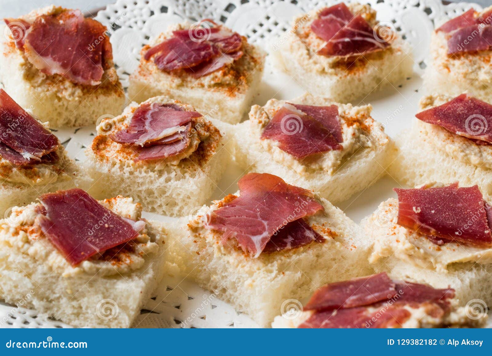 Canape with Pastrami / Pastirma Ham and Hummus on Small Square Bread ...