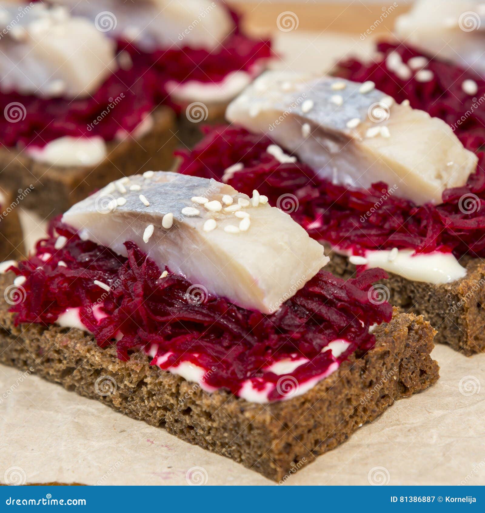 Canape with a Pickled Herring and Beetroot Stock Image - Image of beet ...