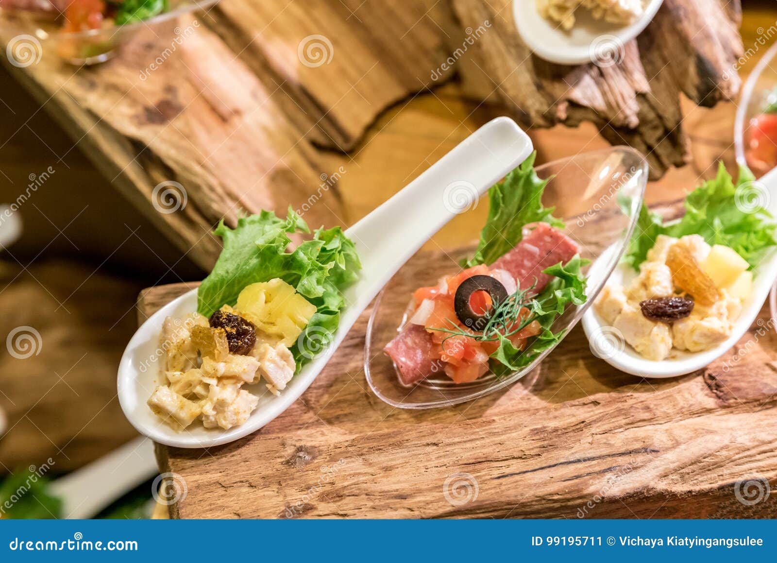 Canape on spoon stock image. Image of sauce, dinner, slice - 99195711