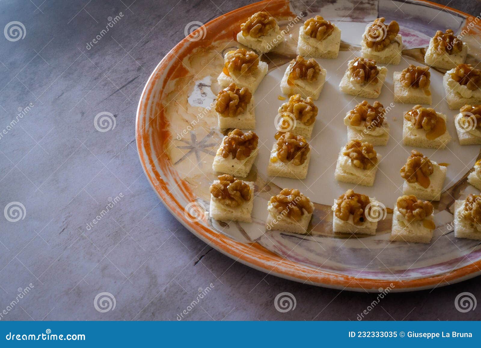 Canapes Appetizers with Cheese, Walnuts and Honey Stock Image - Image ...