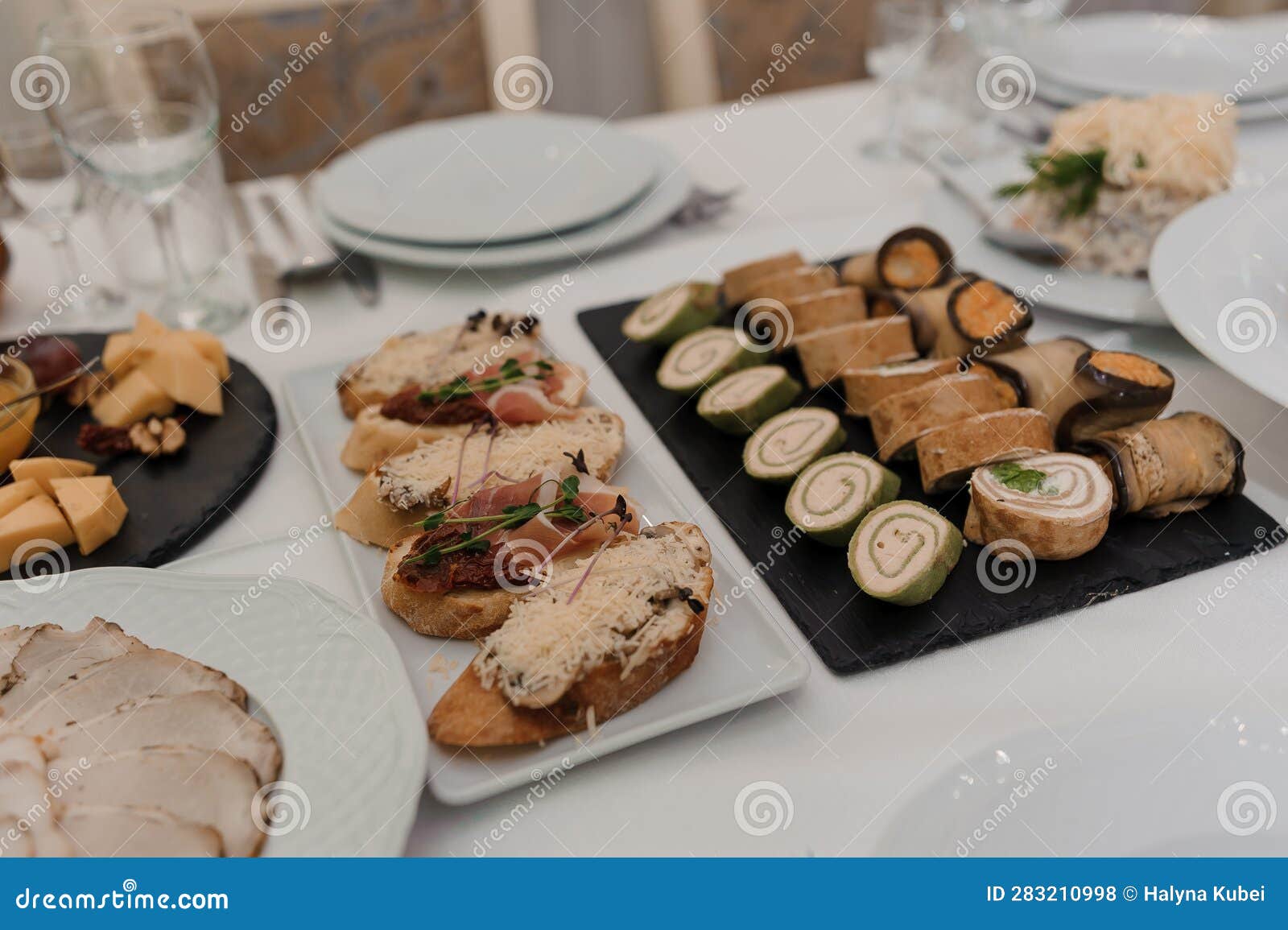 Canapes with Ham, Cheese, Cucumber and Olives. Festive Buffet Stock ...