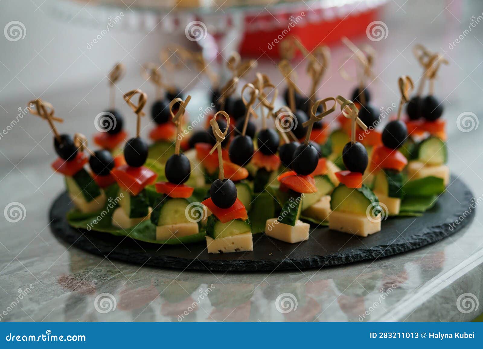 Canapes with Ham, Cheese, Cucumber and Olives. Festive Buffet Stock ...