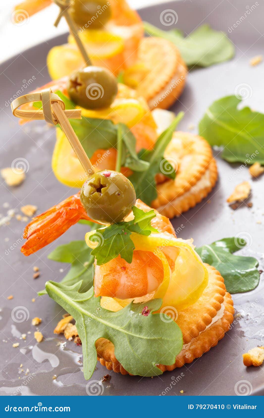 Canapes with prawns. stock photo. Image of greek, cracker - 79270410