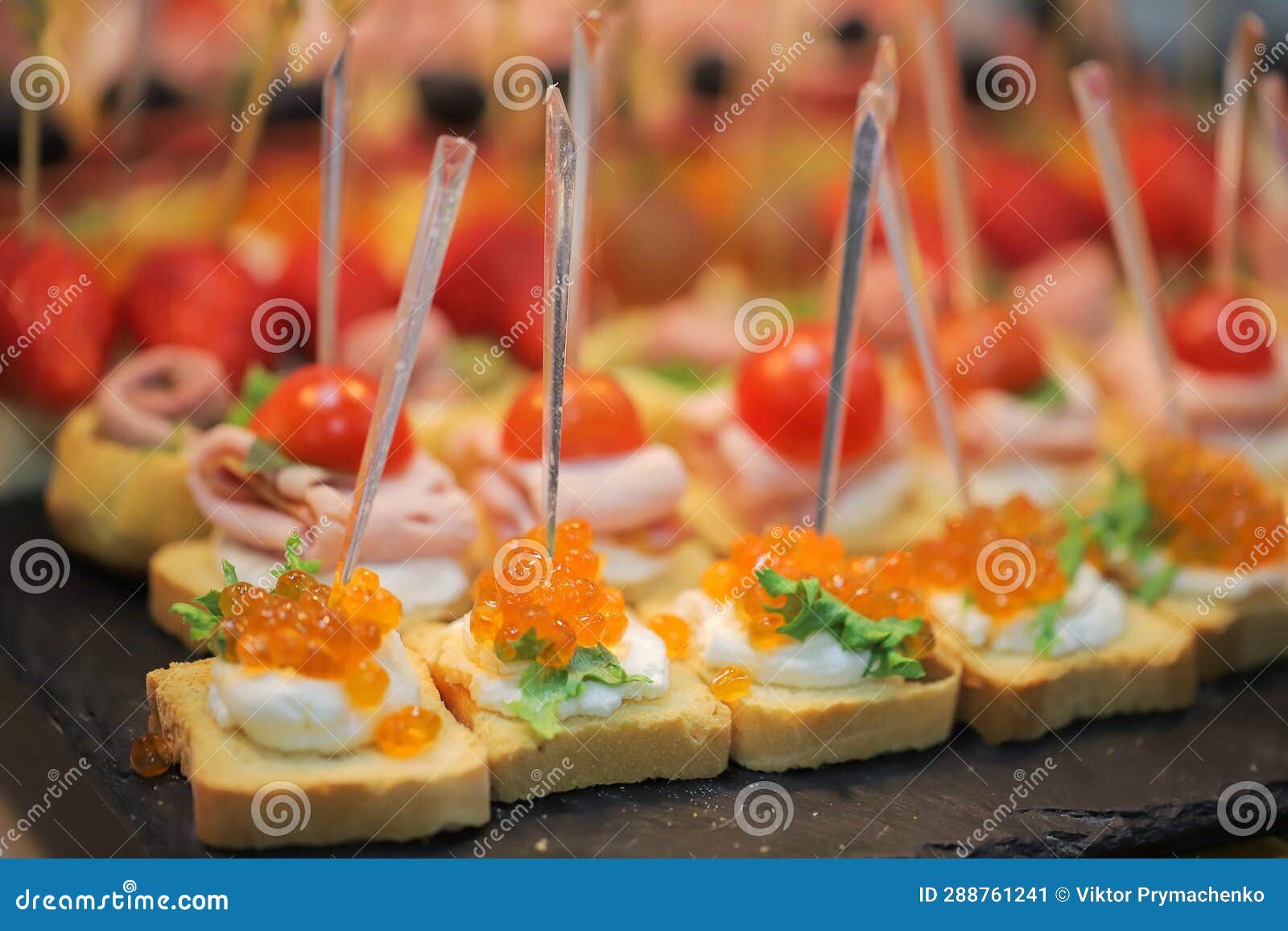 Canapes with Red Caviar and Bread Close-up on the Table Stock Image ...