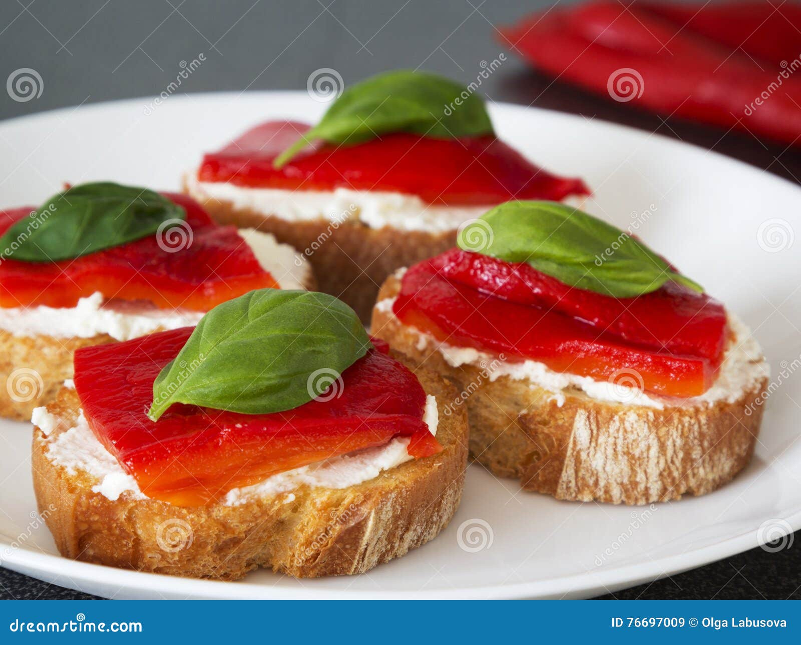 Canapes with Roasted Peppers, Cream Cheese and Basil Stock Image ...