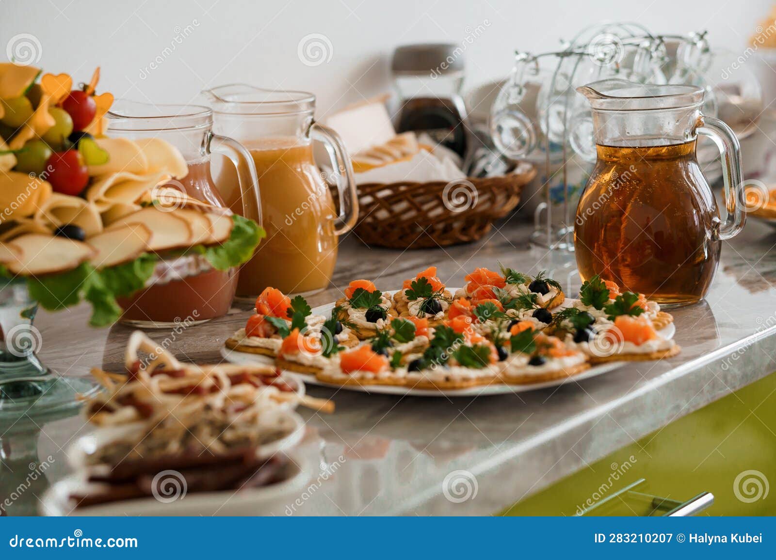 Canapes with Salmon, Cream Cheese and Greens. Festive Buffet Stock ...