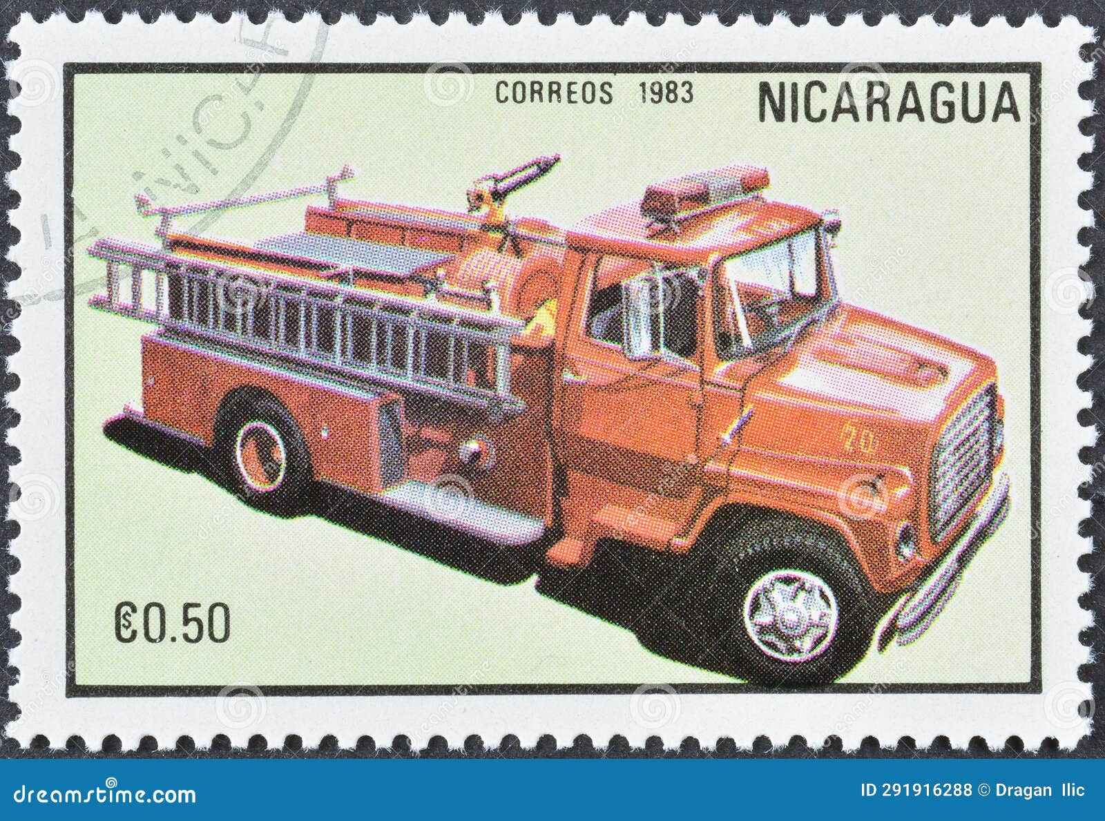 Cancelled Postage Stamp Printed by Nicaragua, that Shows Fire Engine ...