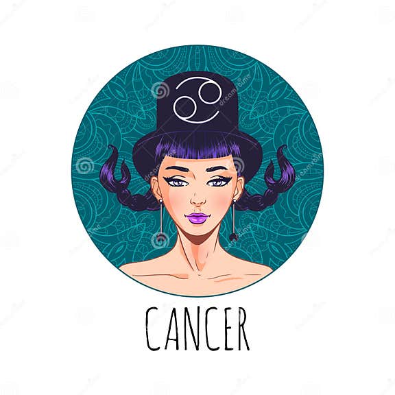 Cancer Zodiac Sign Artwork Beautiful Girl Face Horoscope Symbol Star