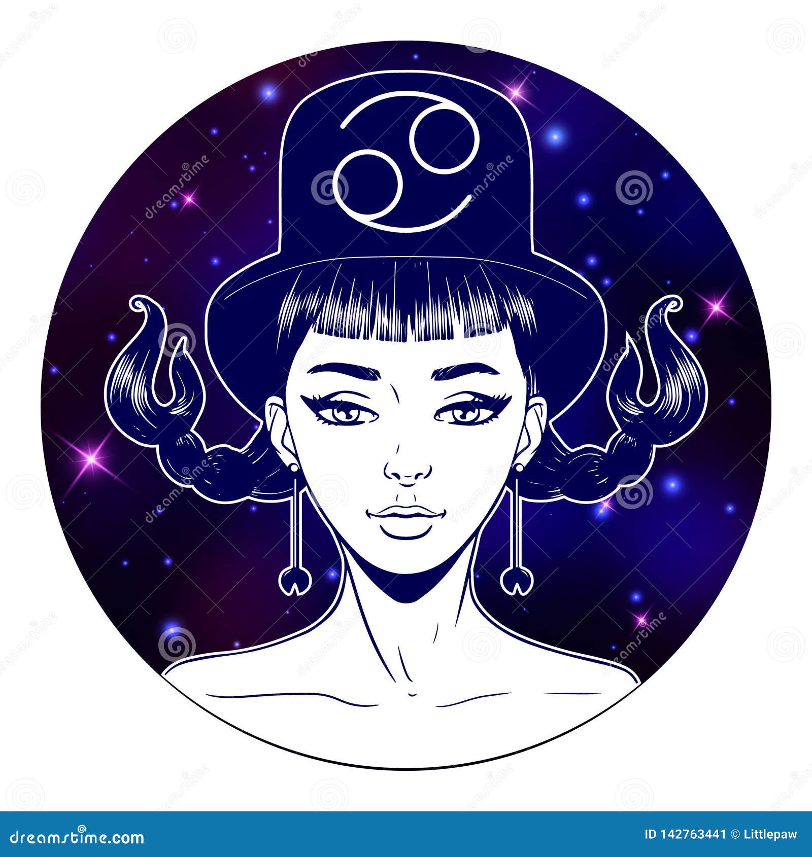 Cancer Zodiac Sign Artwork Beautiful Girl Face Horoscope Symbol Star