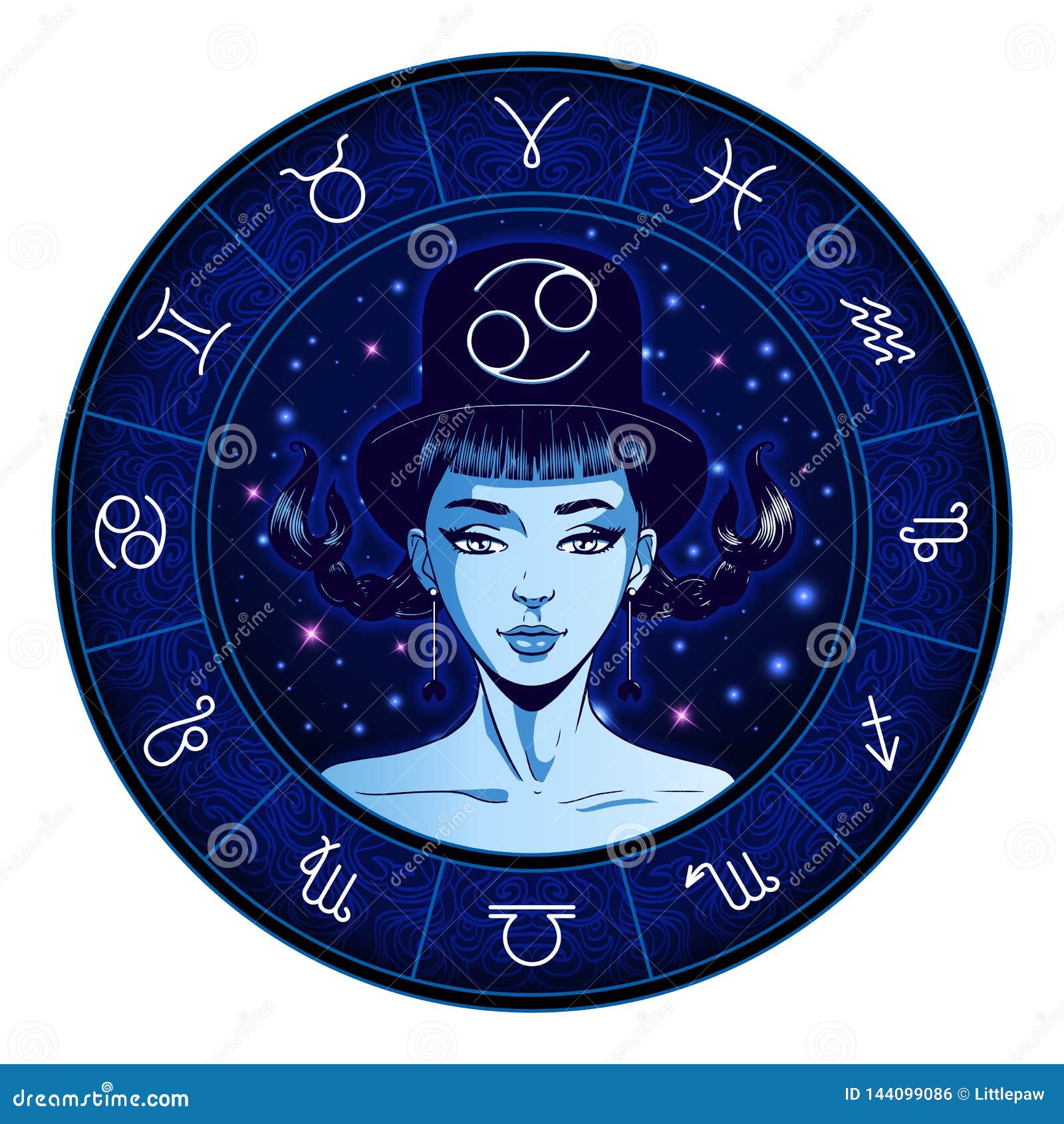 Cancer Zodiac Sign Artwork Beautiful Girl Face Horoscope Symbol Star