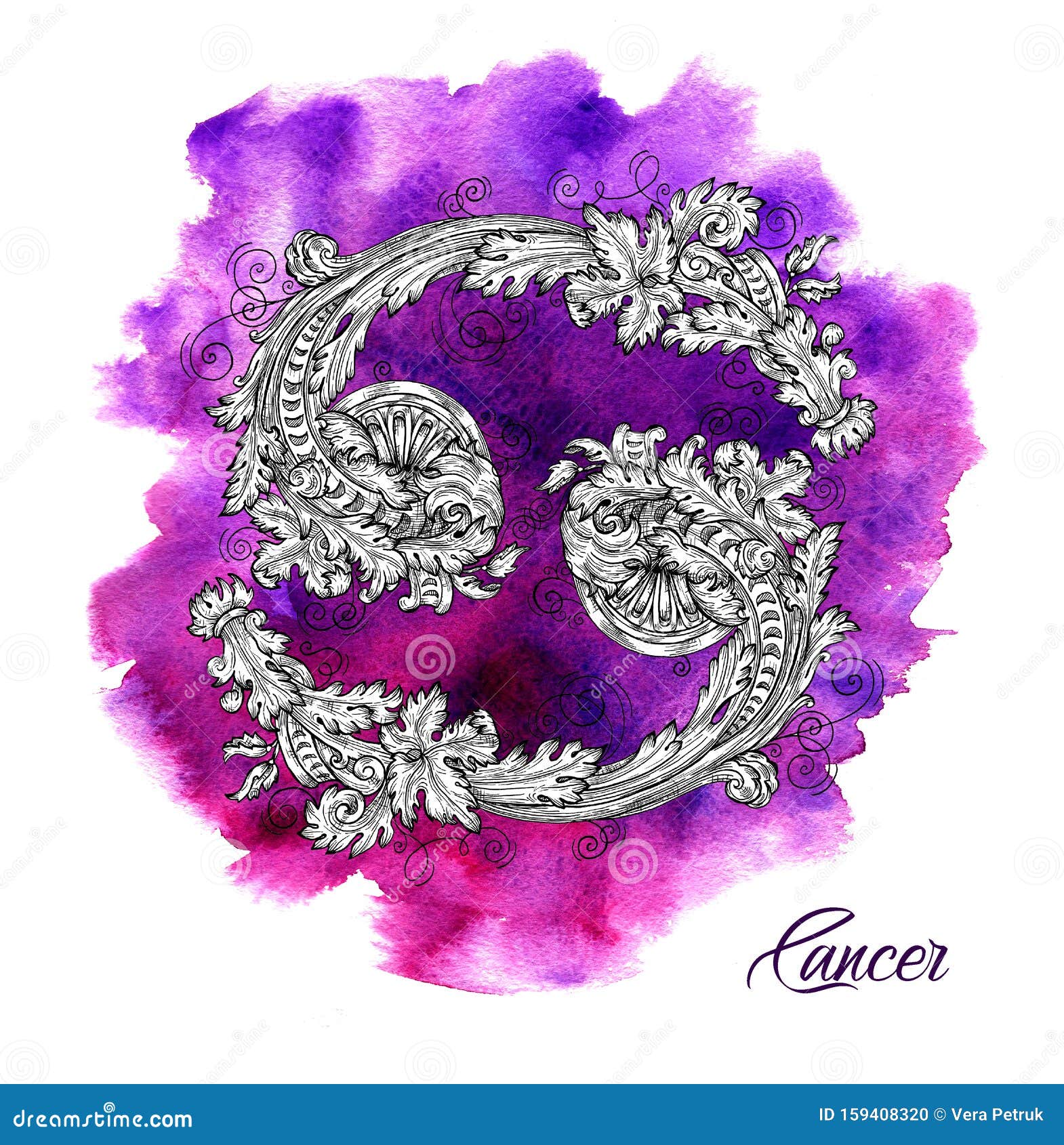 Cancer Zodiac Sign On Purple Watercolor Background Stock Illustration