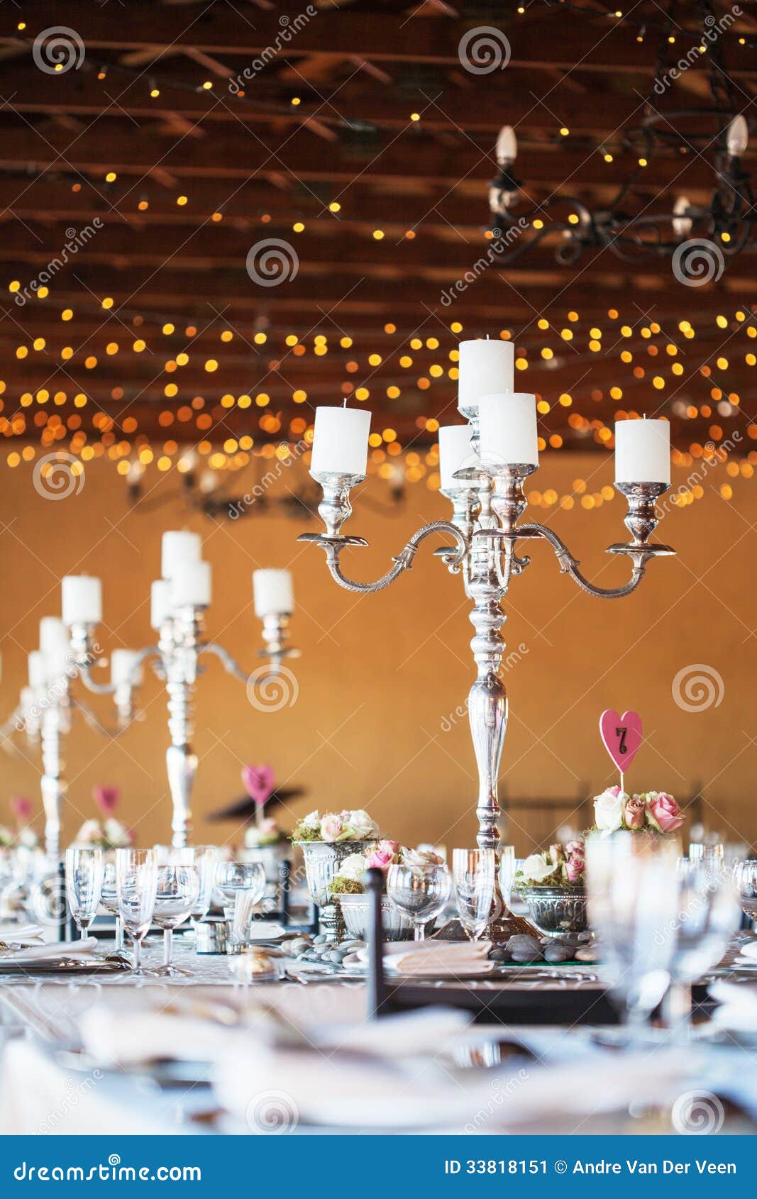 Candelabra with Candles on Decorated Wedding Reception Tables Stock ...