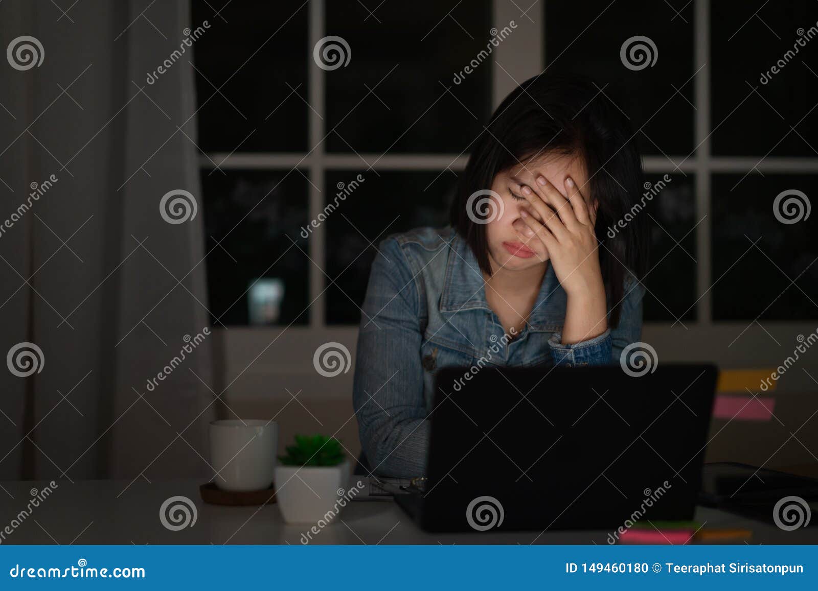 Candid Of Young Asian Female Student Work Late Night Stressed Out With ...