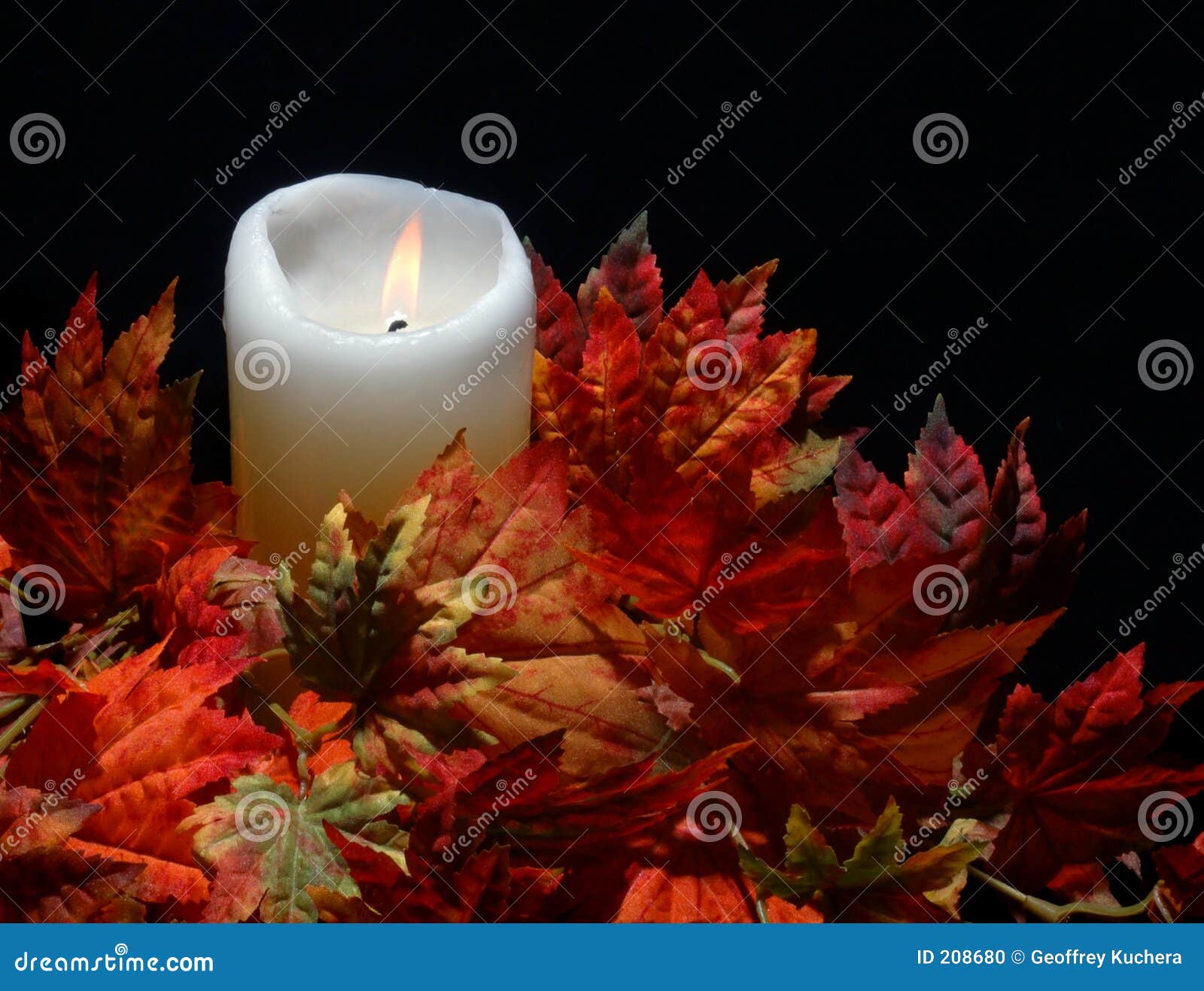 Candle in Autumn Leaves stock photo. Image of fire, ambiance - 208680