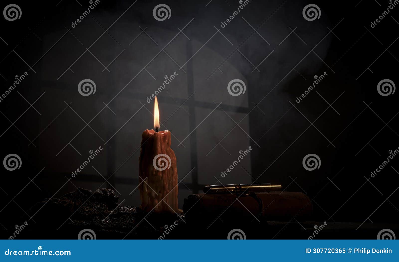 Candle with Dramatic Smoke Background and Lighting Effects and Antique ...