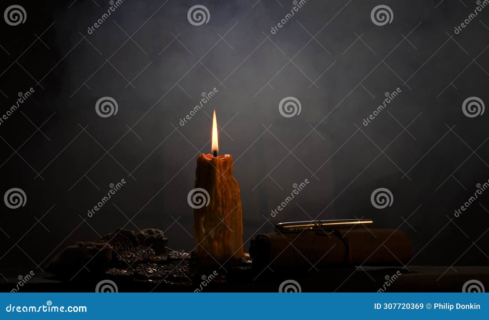 Candle with Dramatic Smoke Background and Lighting Effects and Antique ...