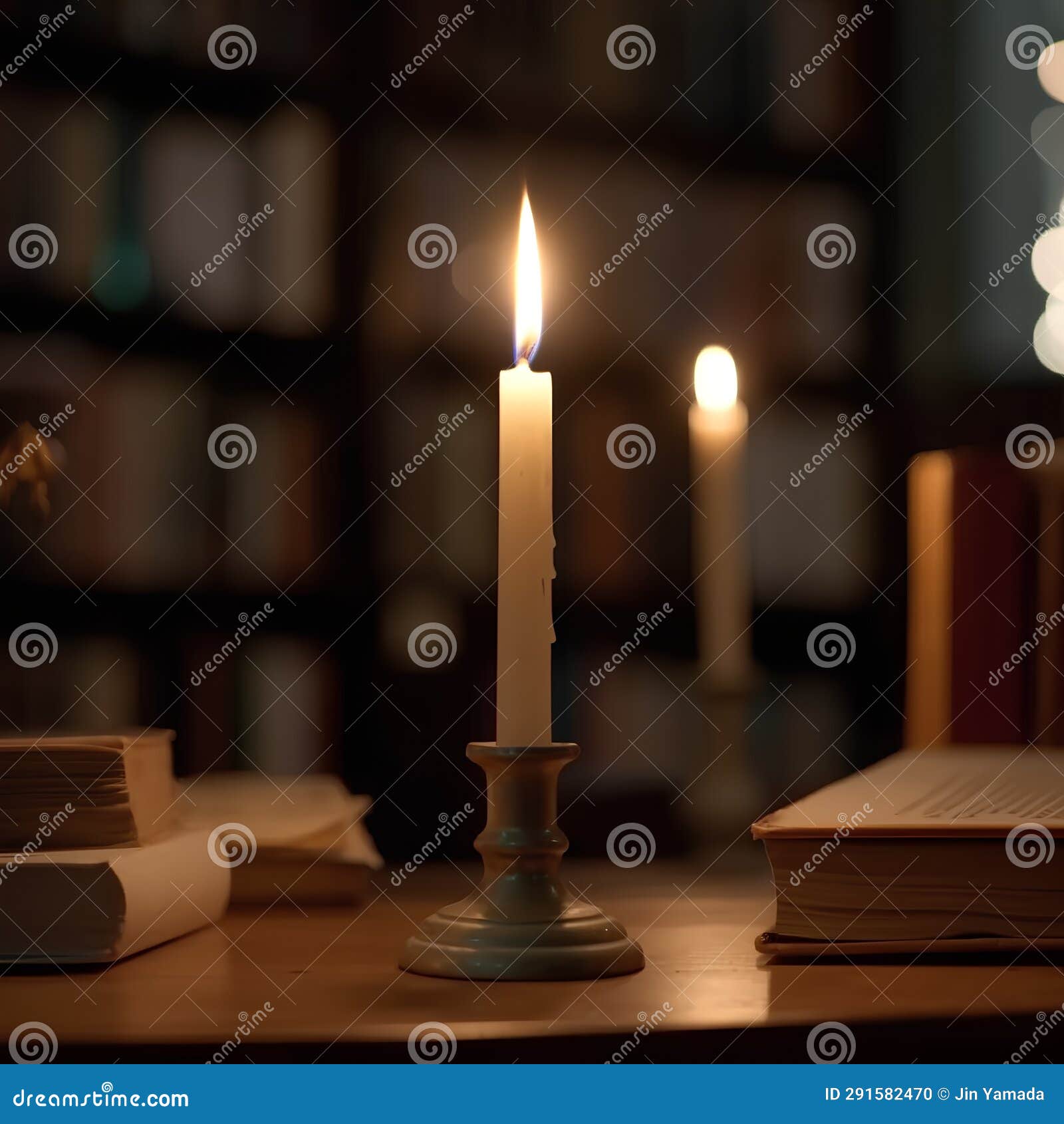 Candle in the Library with Books on the Bookshelf. Stock Illustration ...
