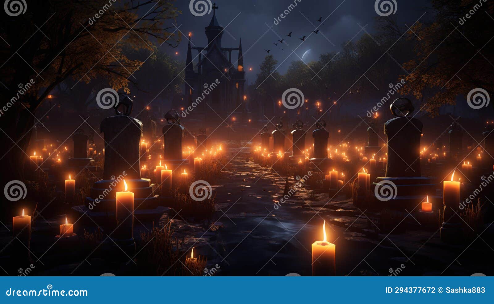 Candle Lit Pathway Leading through a Graveyard. Generative Ai. Stock ...
