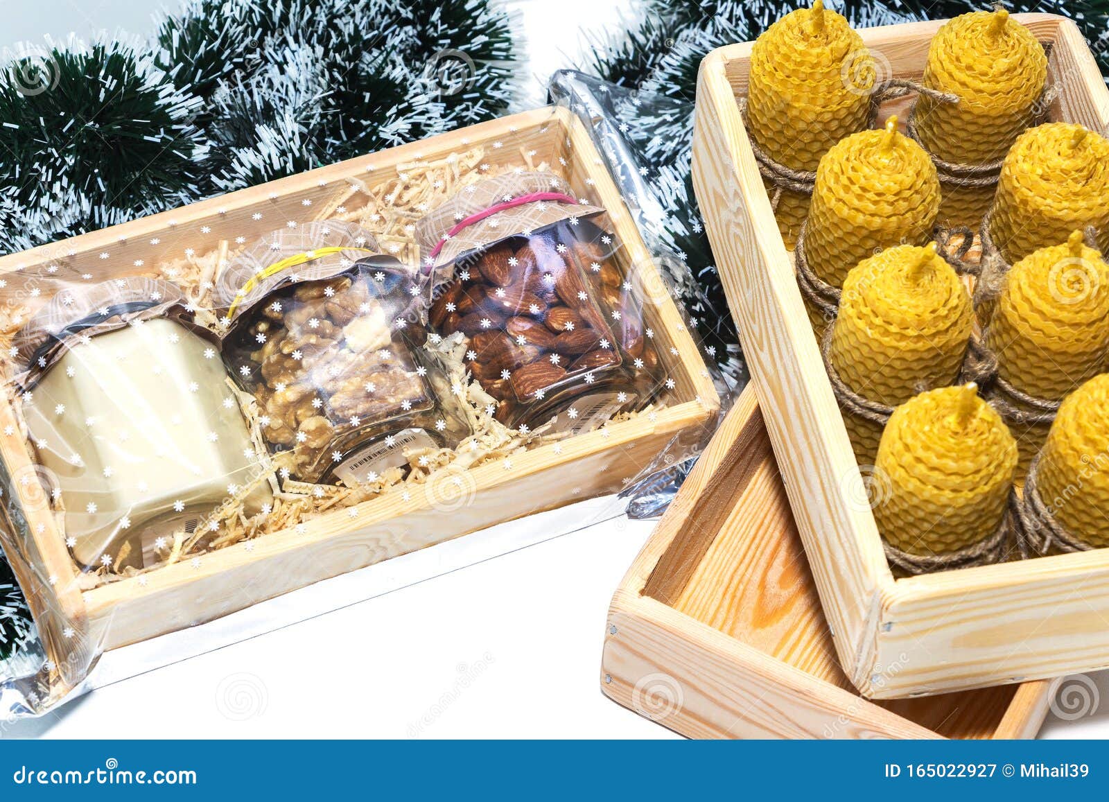 Candle Made of Natural Wax and Different Nuts in a Wooden Box, a Gift ...