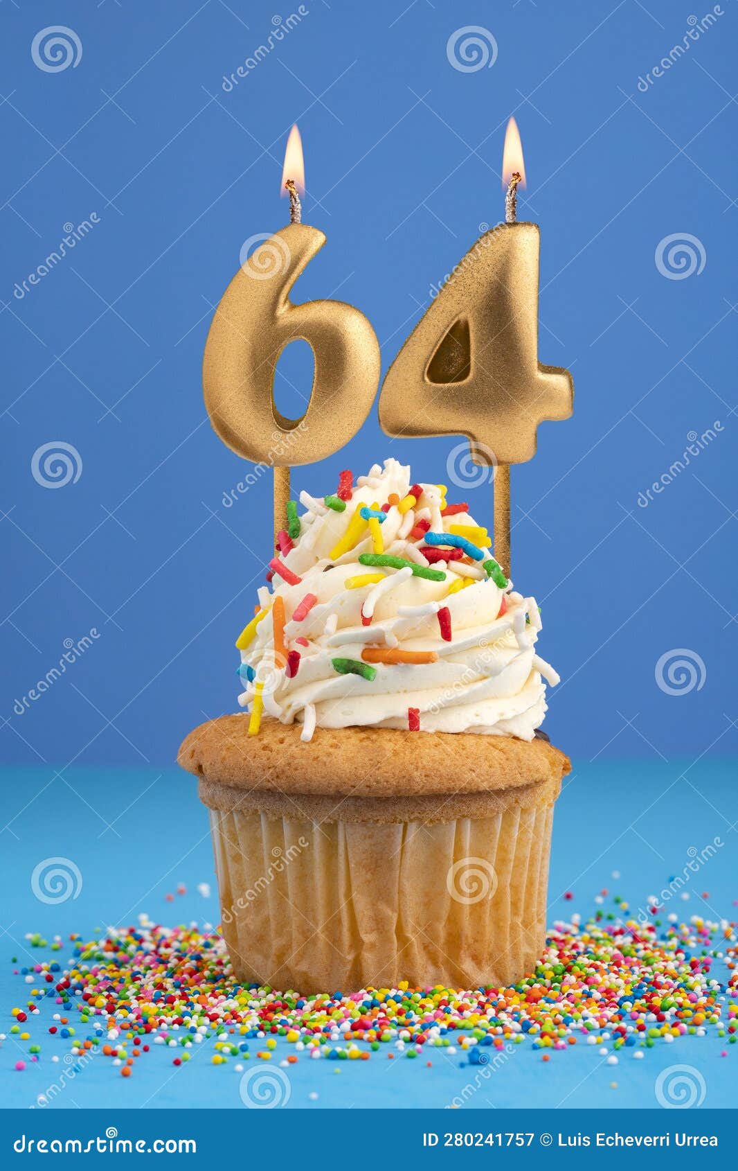 Candle Number 64 - Cake Birthday in Blue Background Stock Image - Image ...