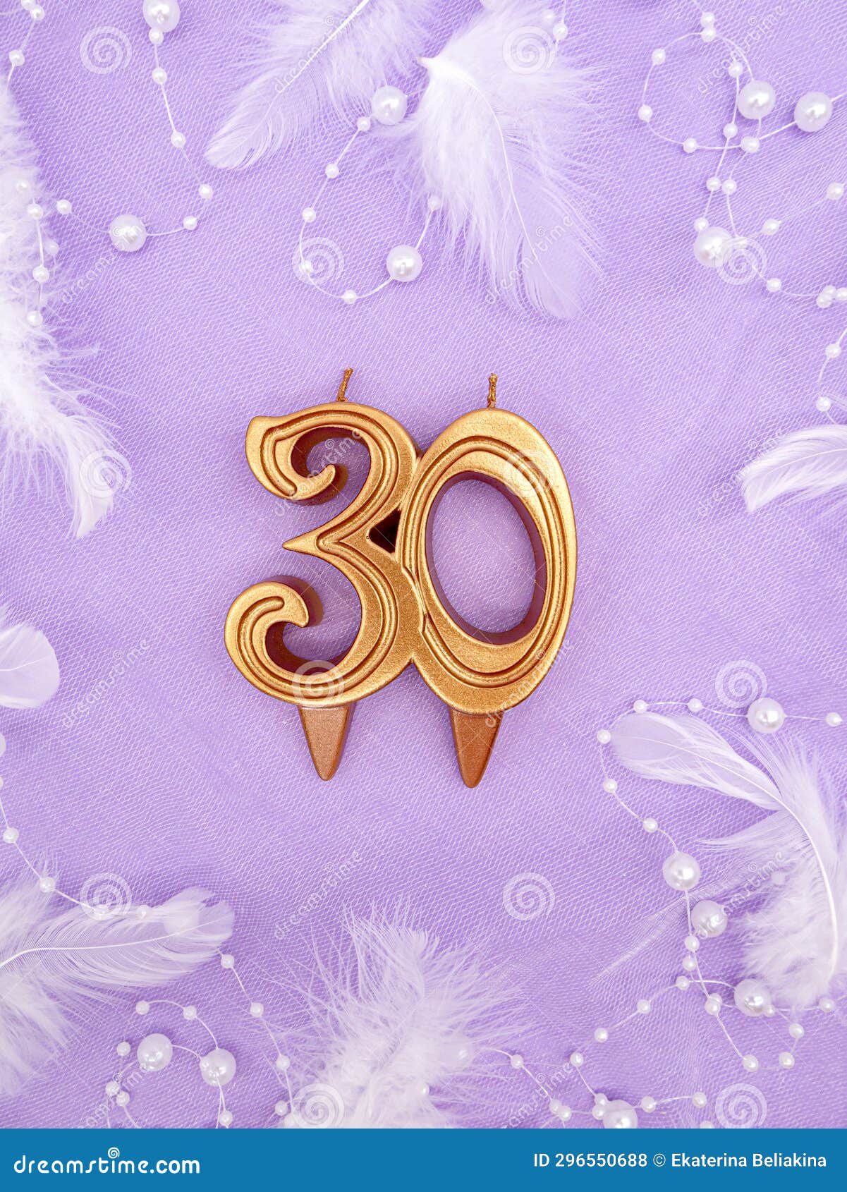 Candle Number 30 on a Soft Lilac Background with Pearls and White Down ...