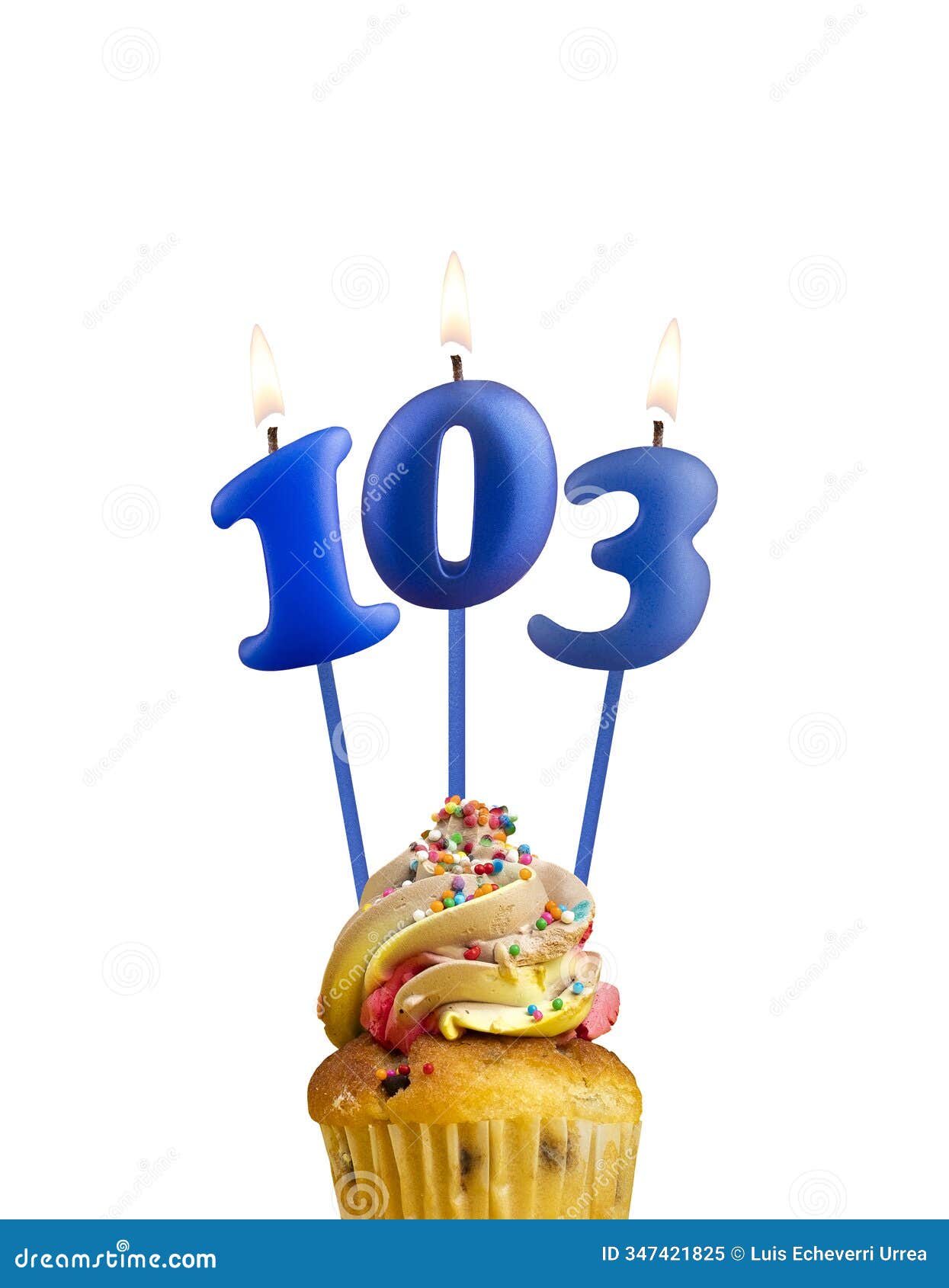 Candle in Shape of the Number 103 - Blue Birthday on a White Background ...