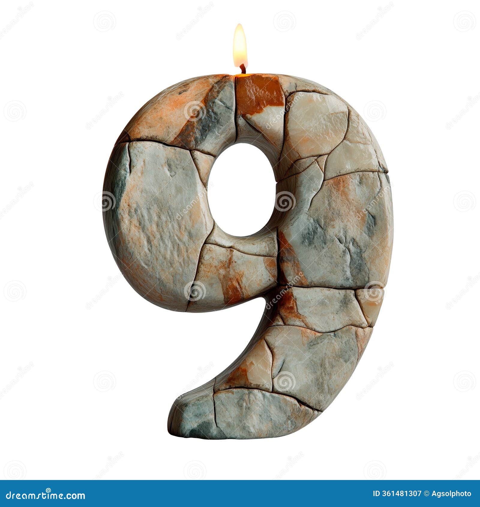 Candle in the Shape of the Number Nine with a Cracked Stone Texture and ...