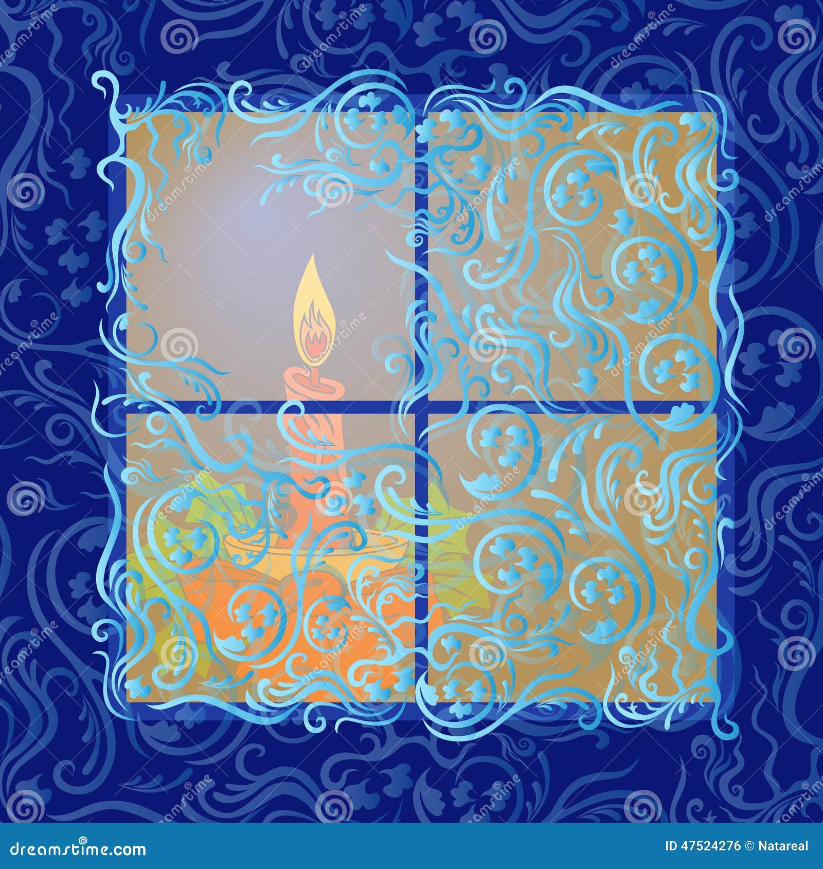 Candle Shines in Frozen Window Stock Vector - Illustration of frost ...