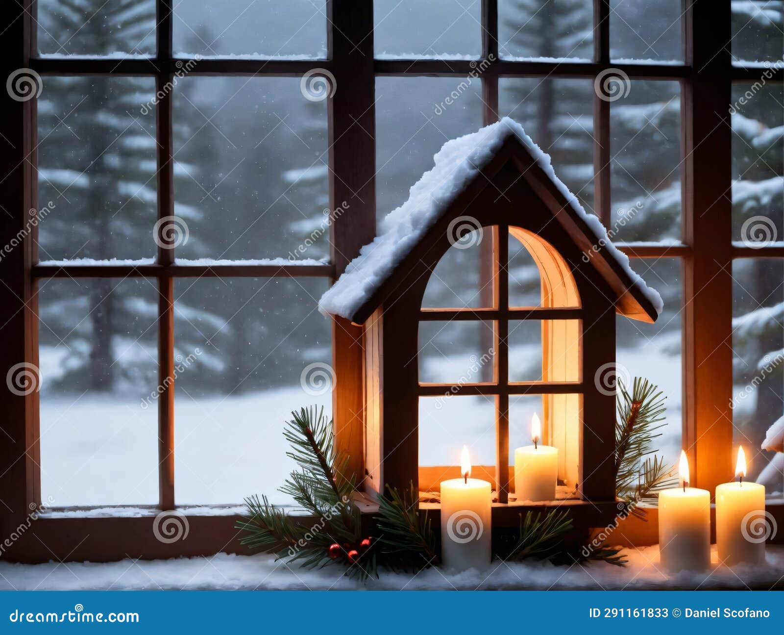 A Candle and a Window with Snow on it. Generative AI Stock Illustration ...
