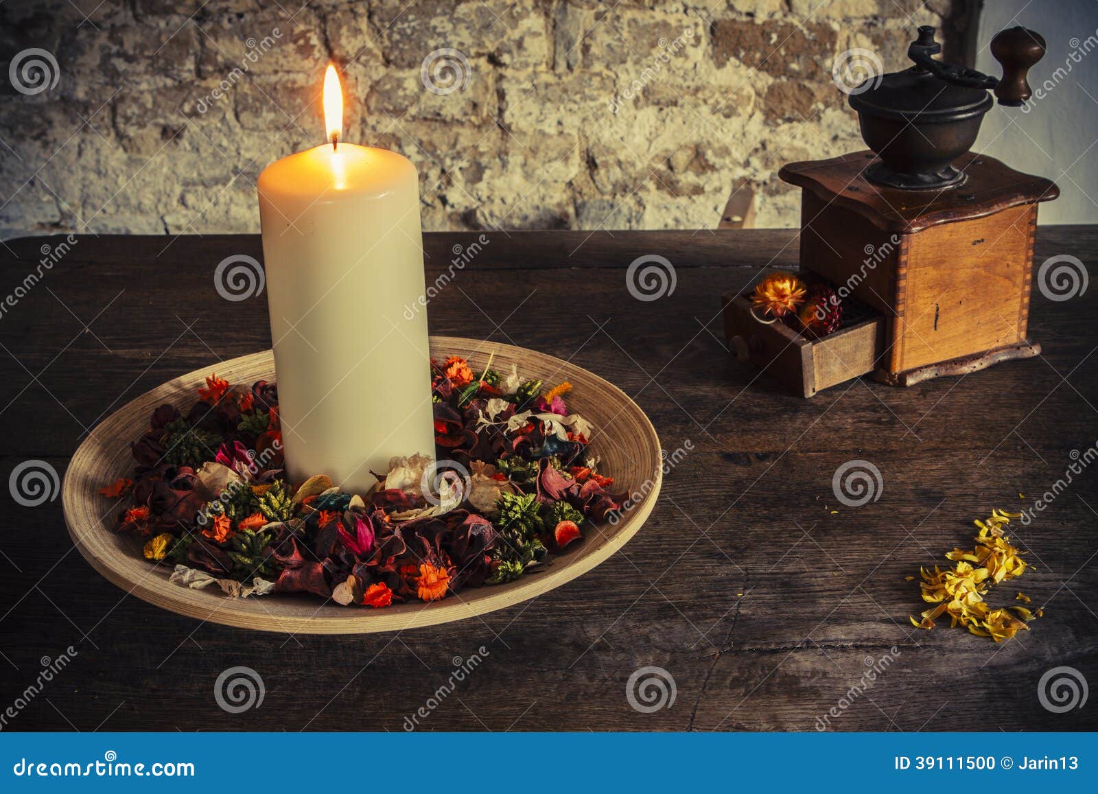 Candle on the Wooden Plate with Coffee Mill Stock Photo - Image of ...