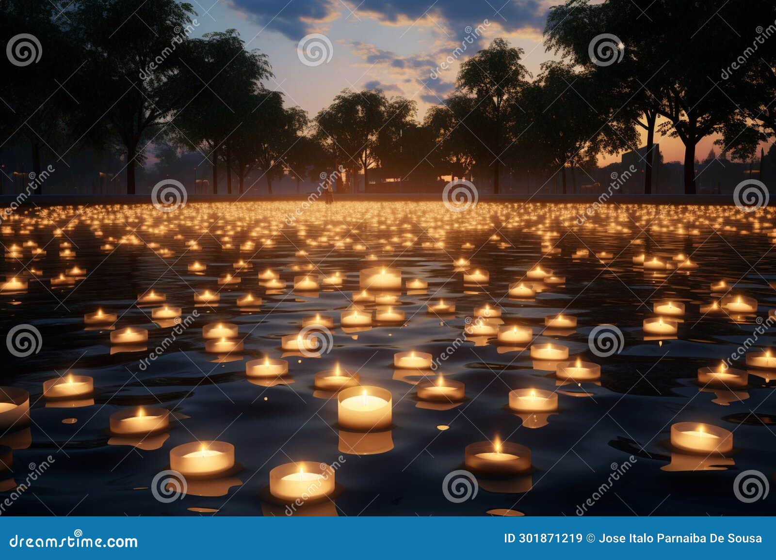 Candlelight Reflections in a Memorial Pond Stock Illustration ...