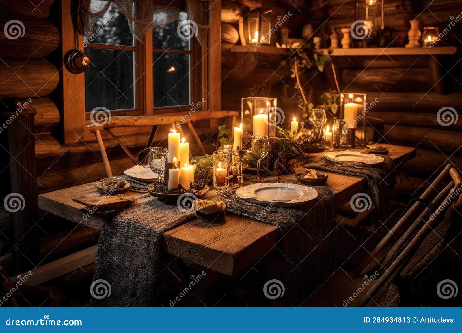 Candlelit Dinner Table Set for a Romantic Cabin Meal Stock Image ...