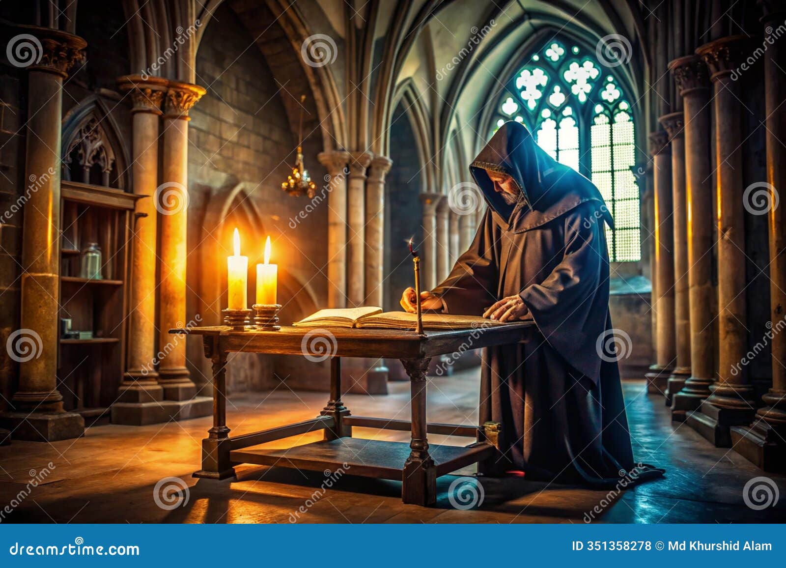 Candlelit Medieval Study with a Monk Reading a Book in a Gothic ...