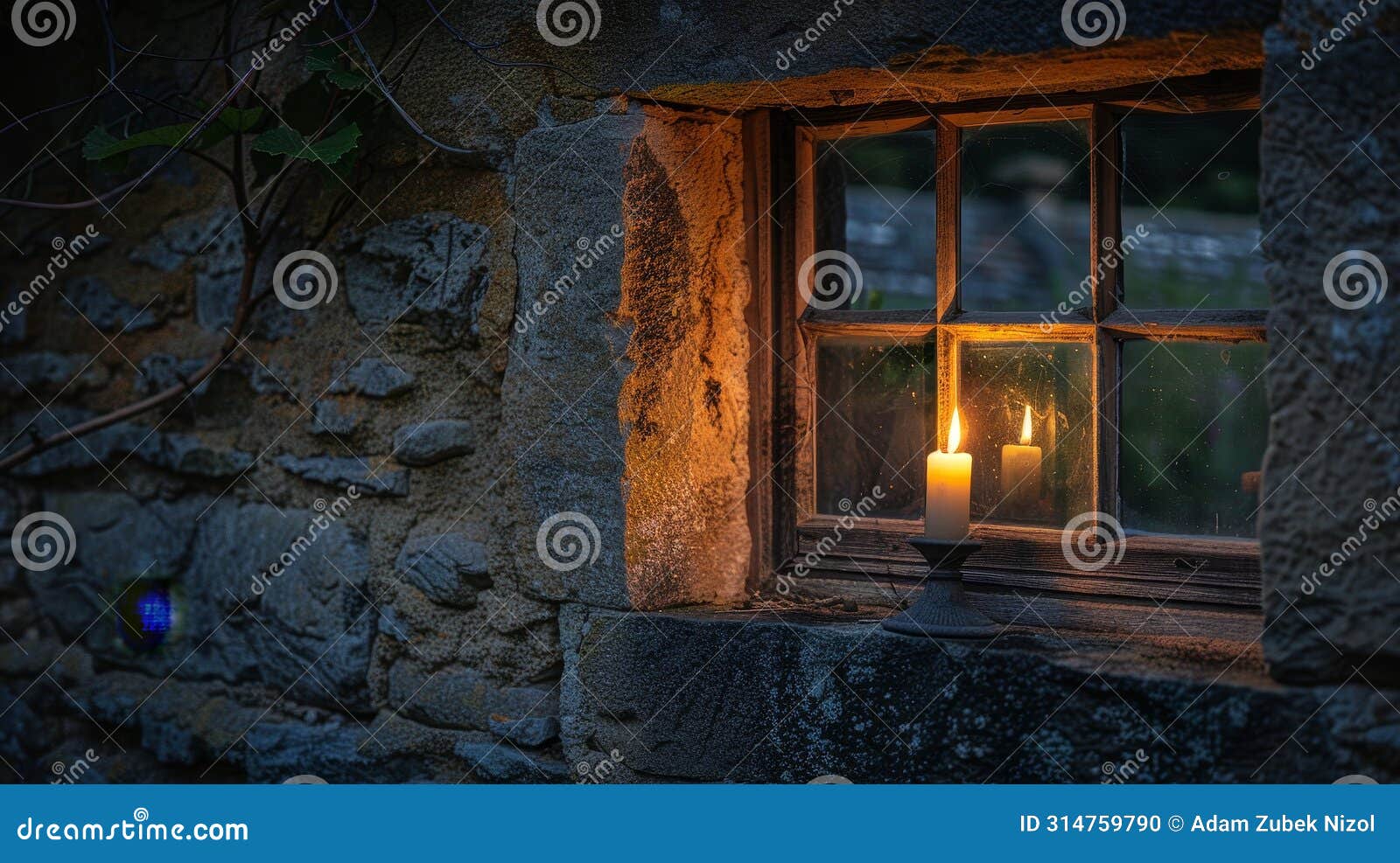 Candlelit Window in a Rustic Stone Wall at Dusk Stock Illustration ...