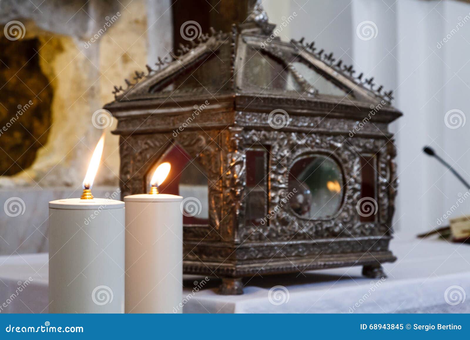 Candles on alter stock image. Image of candlestick, candles - 68943845