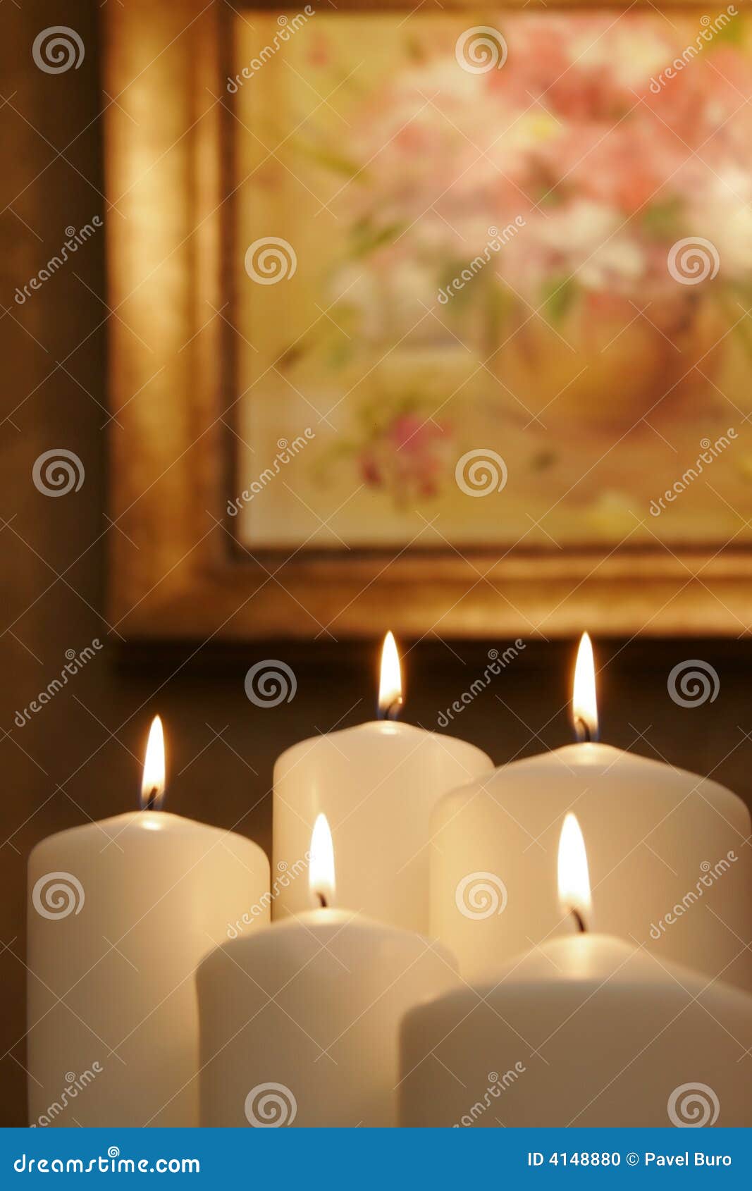 Candles Burning in Front of Painting Stock Photo - Image of comfort ...