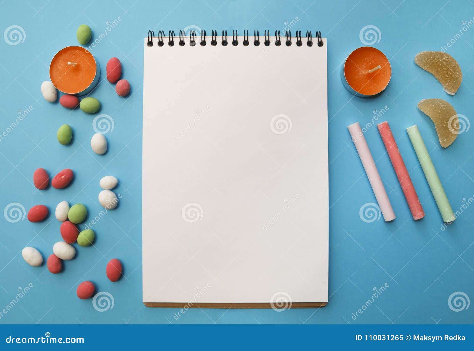 Candles, Colored Crayons, Peanuts in Colored Glaze, Notebook for Stock ...