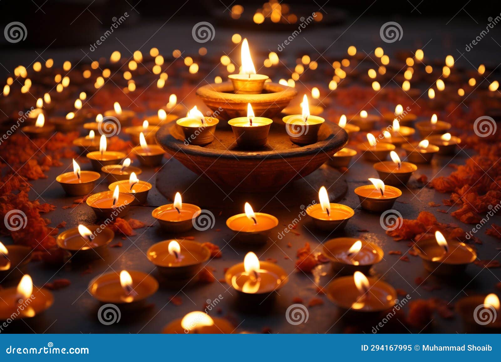 Candles Encircle, One Ignited, Radiating A Fiery Centerpiece Stock ...
