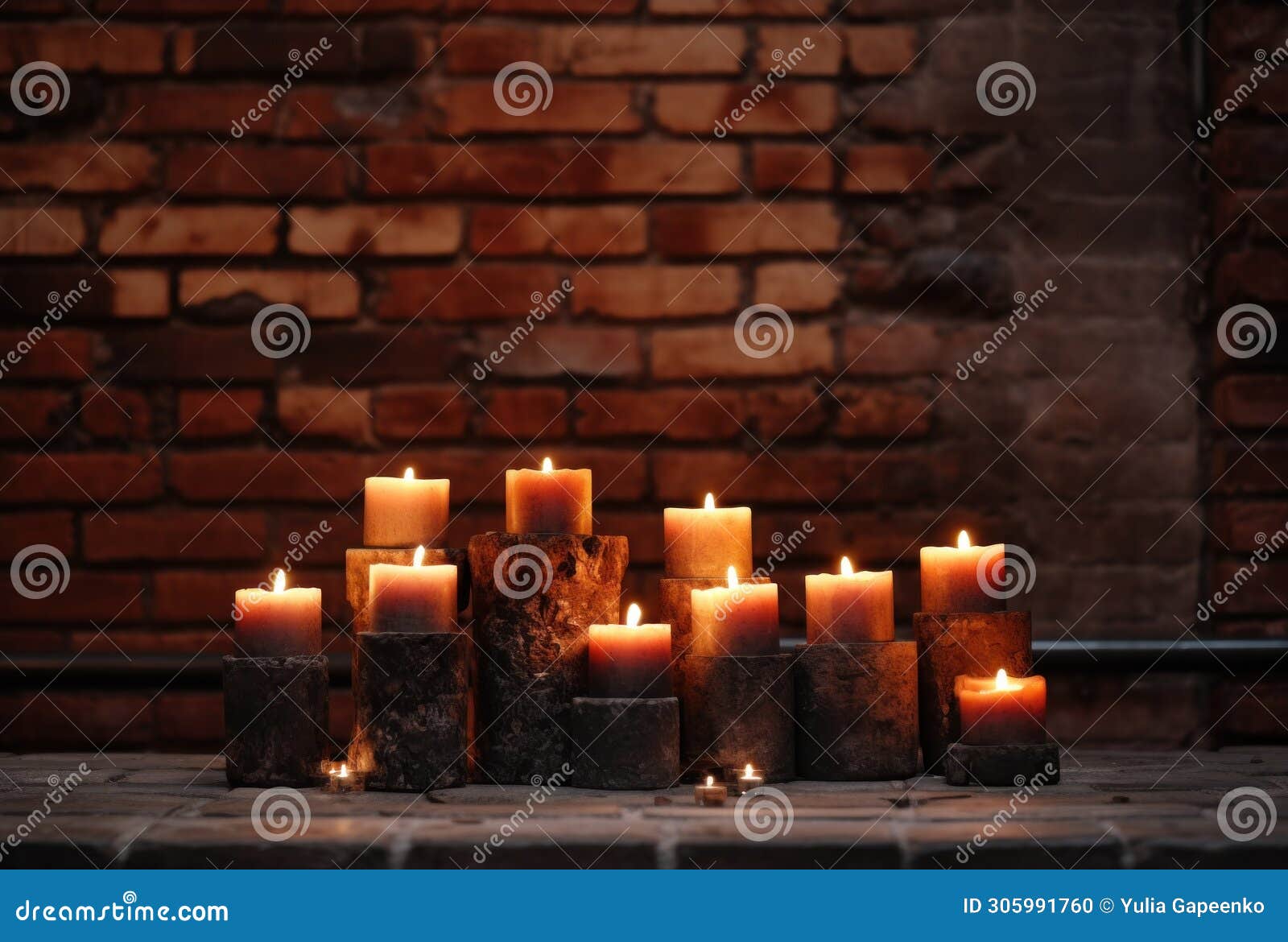 Candles Lit on a Table in Front of a Brick Wall Stock Photo - Image of ...