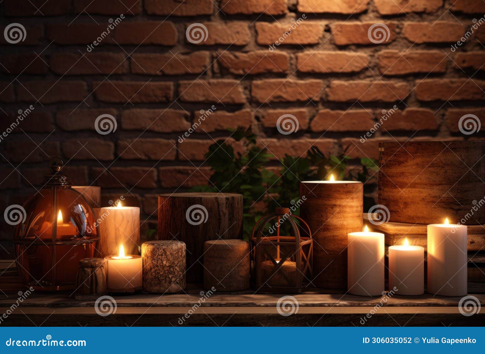 Candles Lit on a Table in Front of a Brick Wall Stock Photo - Image of ...
