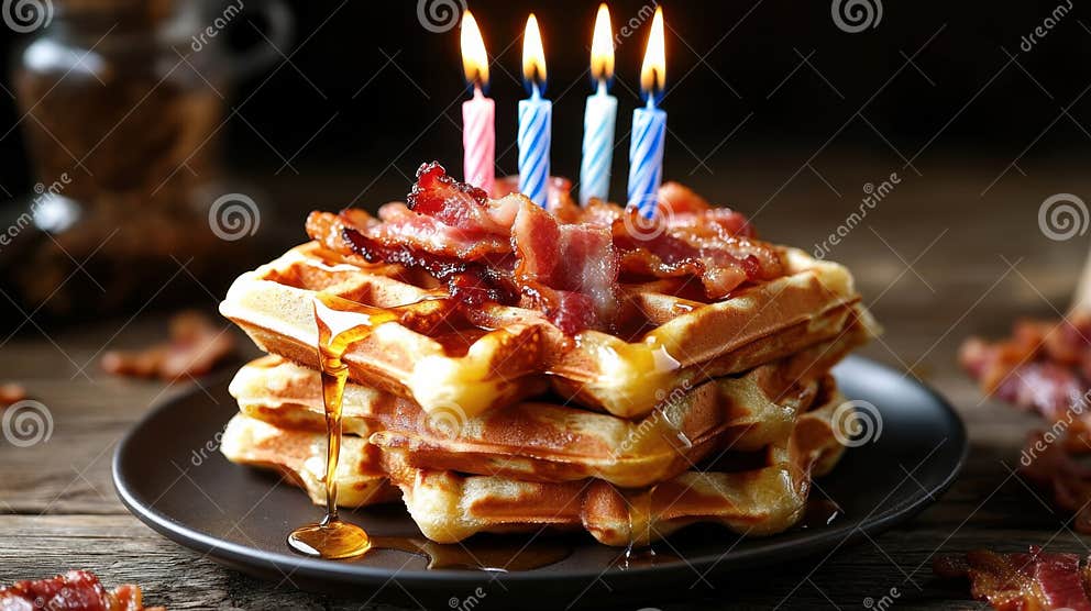 Candles on a Stack of Waffles with Bacon a Stack of Waffles Background ...