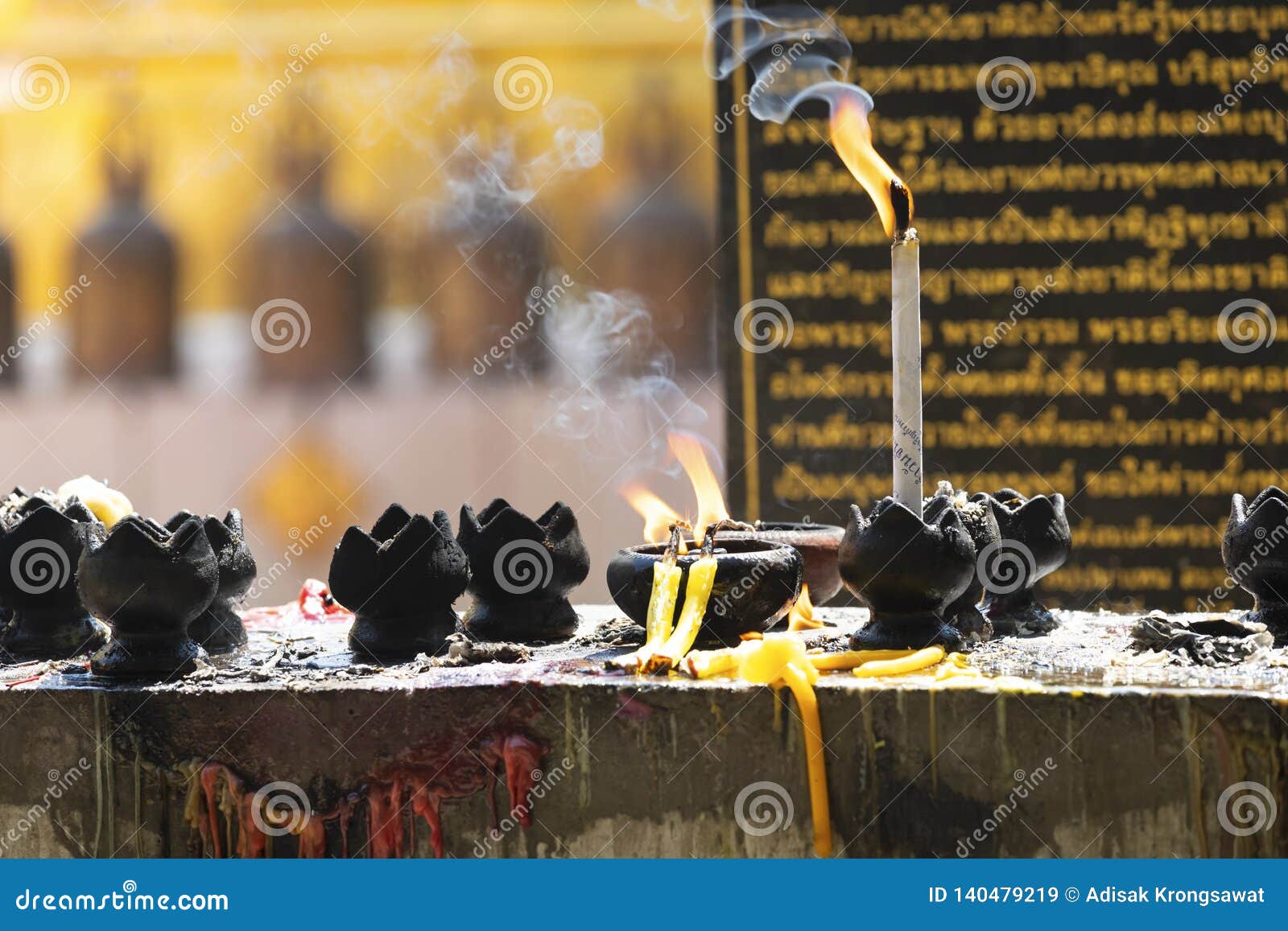 Candles in the Temple. Fire in Lantern for Pray with Buddha Statue in ...
