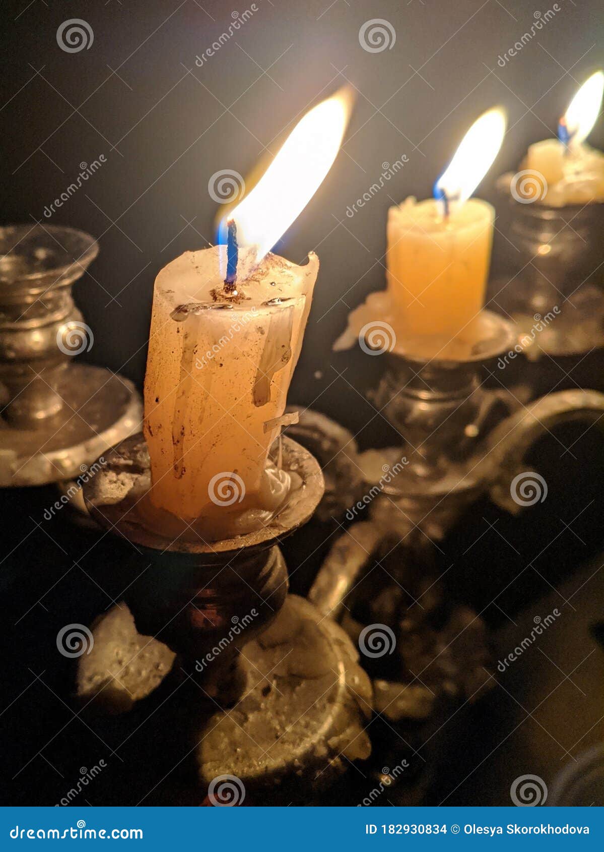 Candlestick with Burning Candles Stock Photo - Image of carving, glass ...