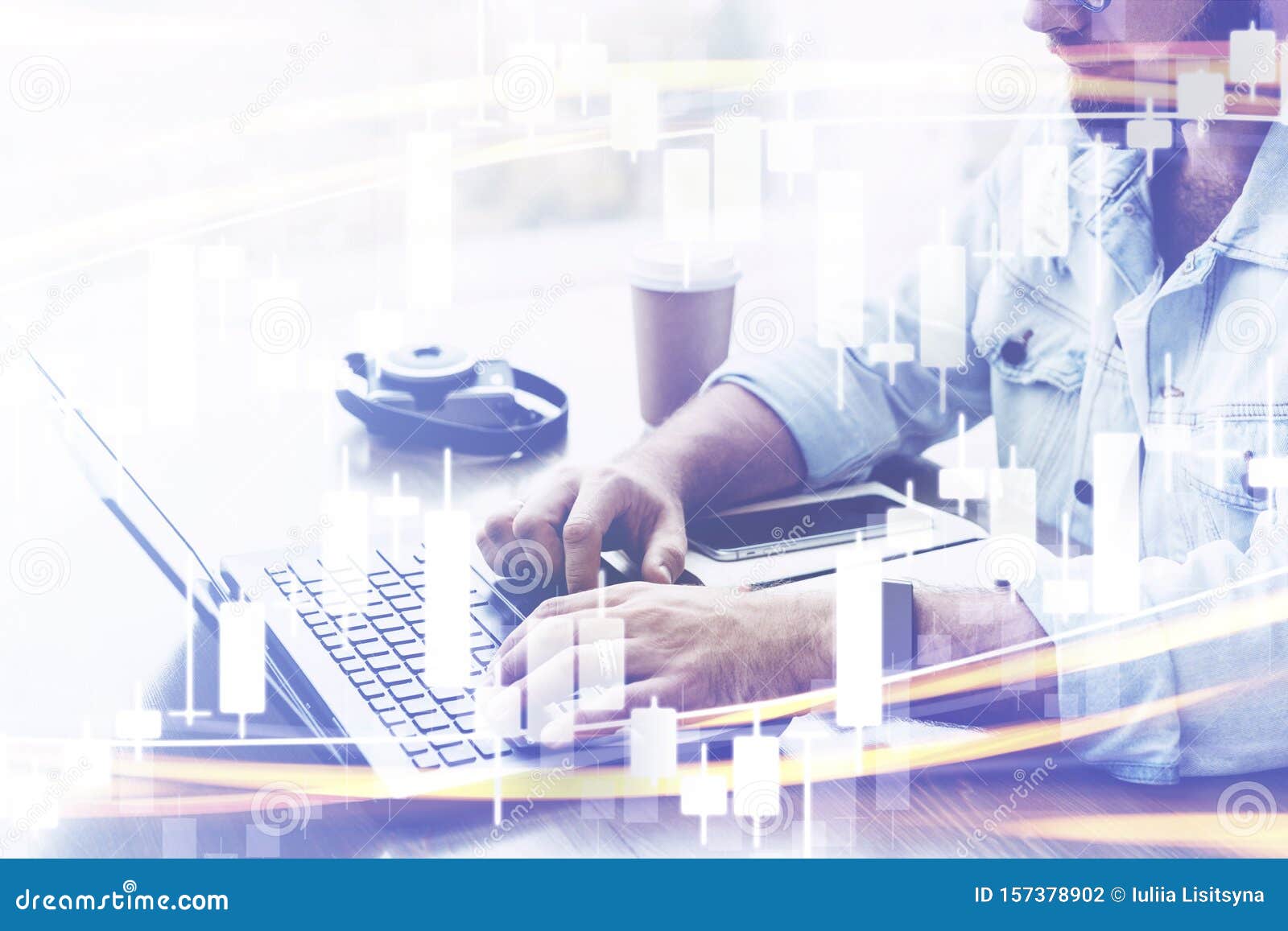 Candlestick Chart in Foreground. in Background Closeup of Male Hands ...