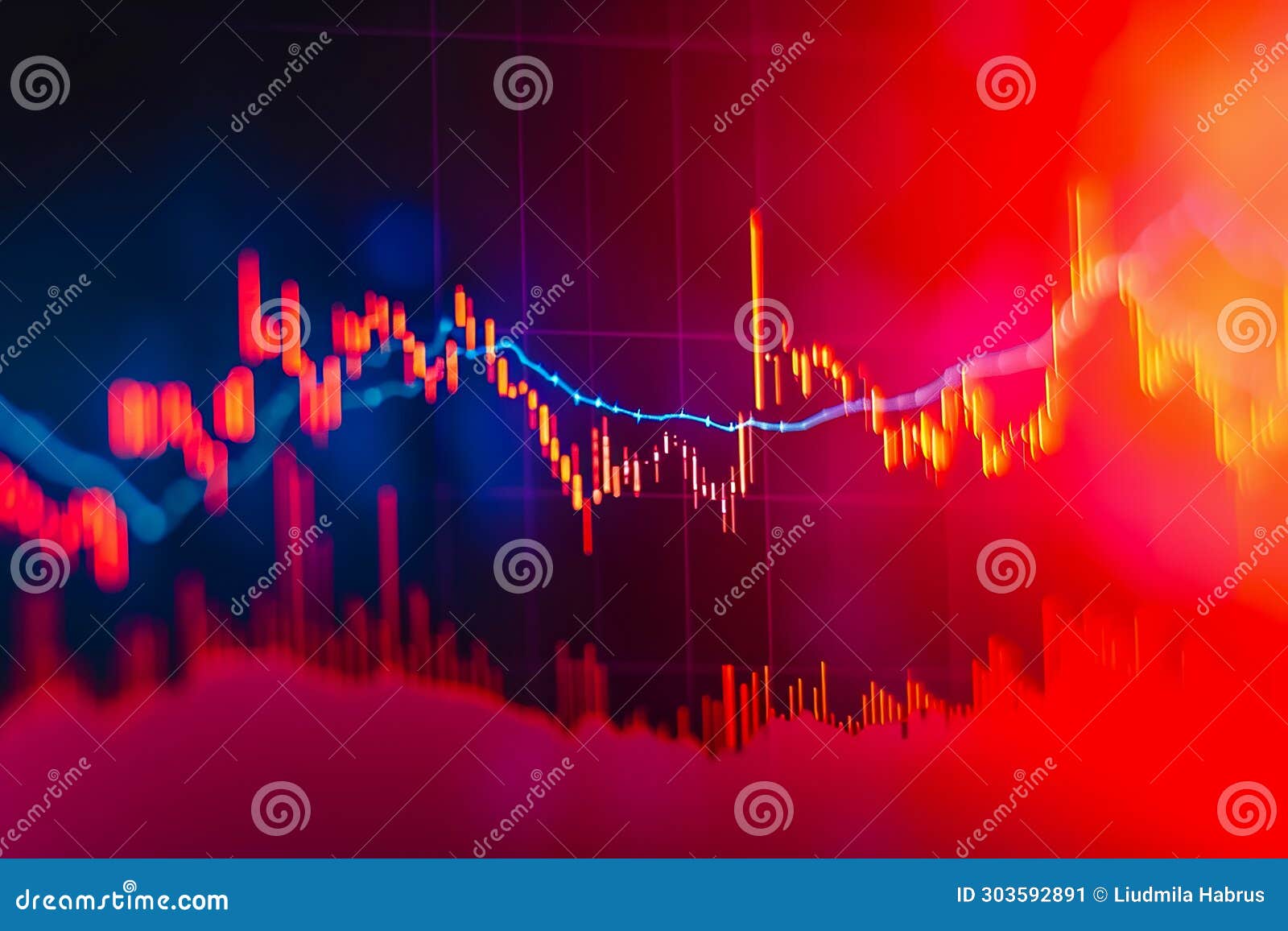 Candlestick Stock Chart with a Red Background and a Blue Line. Stock ...