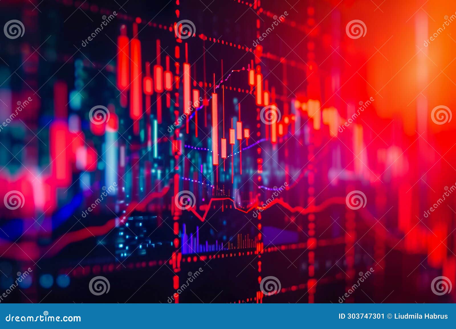 Candlestick Stock Chart with a Red Background and a Blue Line. Stock ...