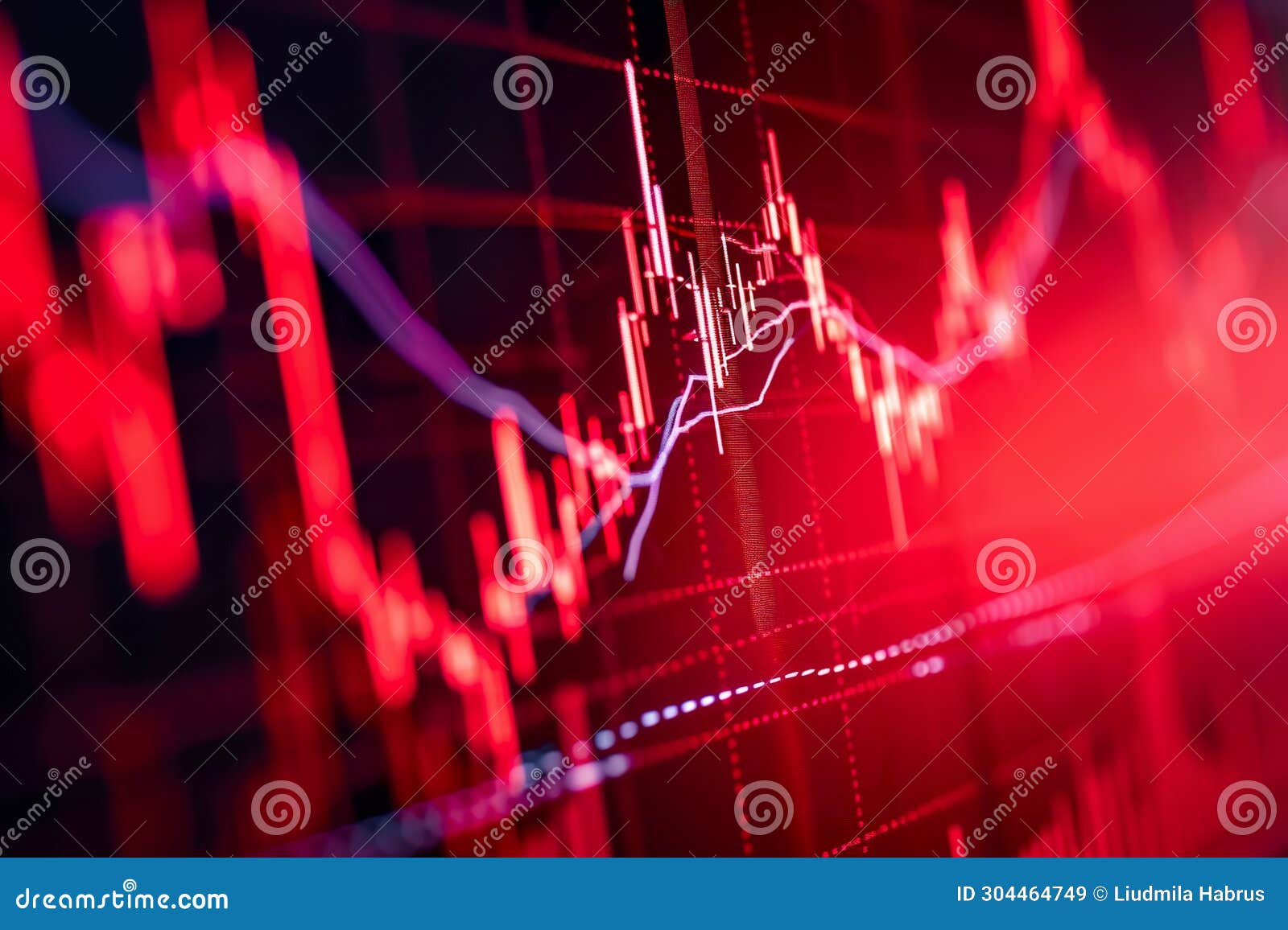 Candlestick Stock Chart with a Red Background and a Blue Line. Stock ...