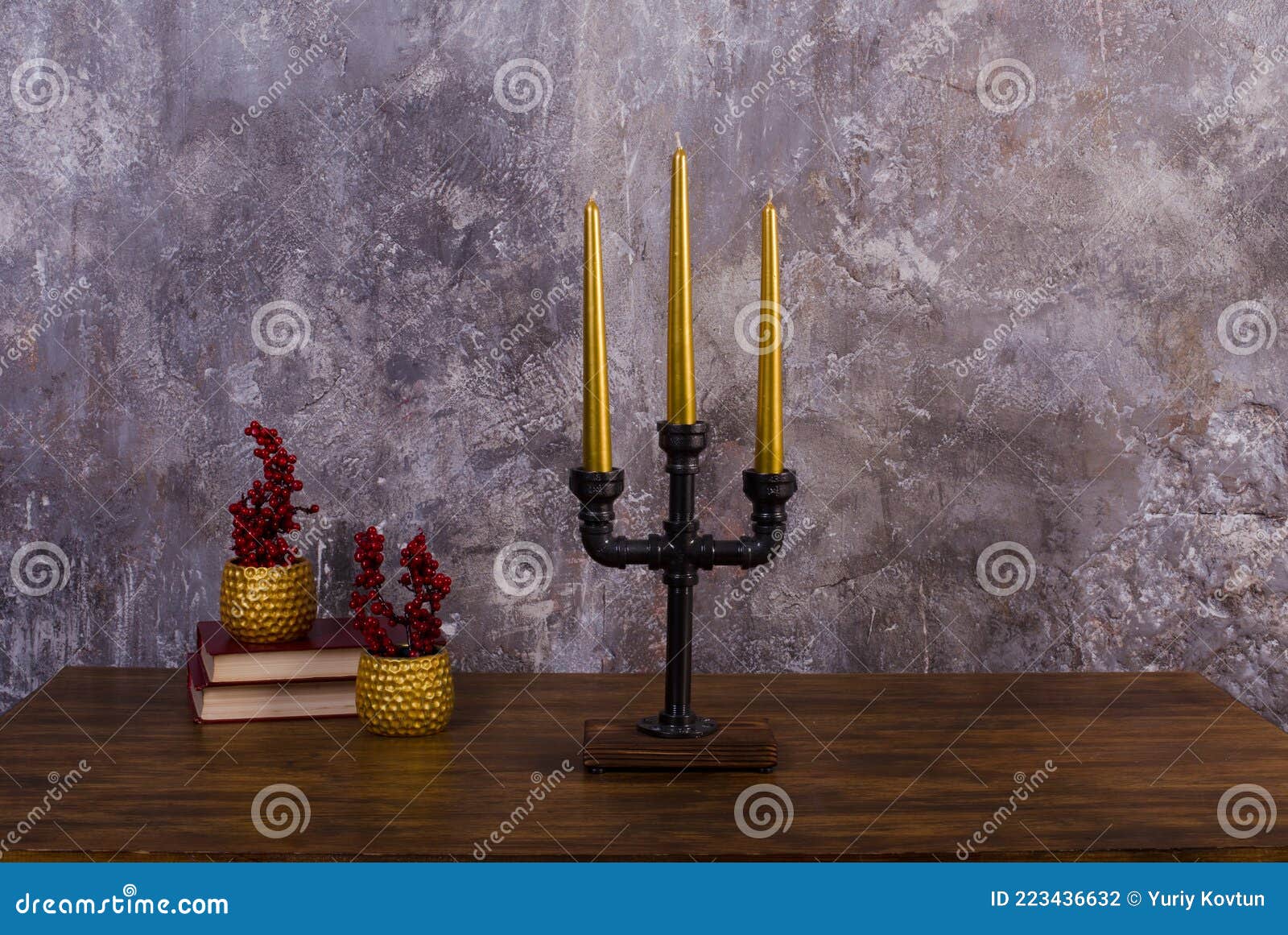 Candlestick Three Candles Metal Loft Gold Candles Stock Photo - Image ...