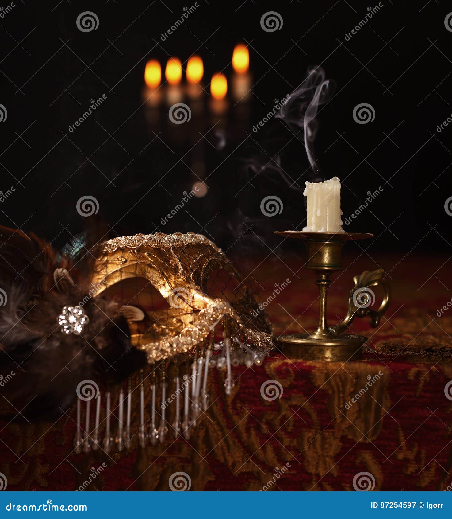 Candlestick and Venetian Mask Stock Image - Image of tablecloth, candle ...