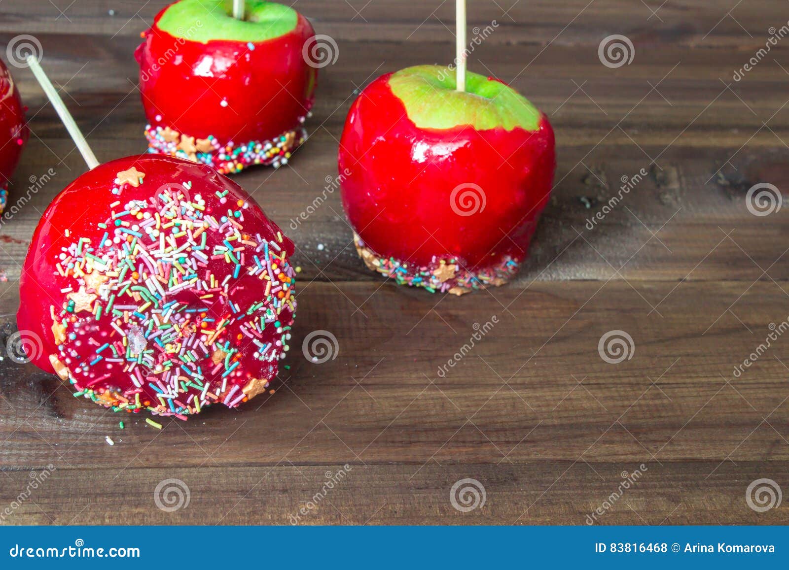 Candy Apples on Wooden Table Stock Photo - Image of festival ...